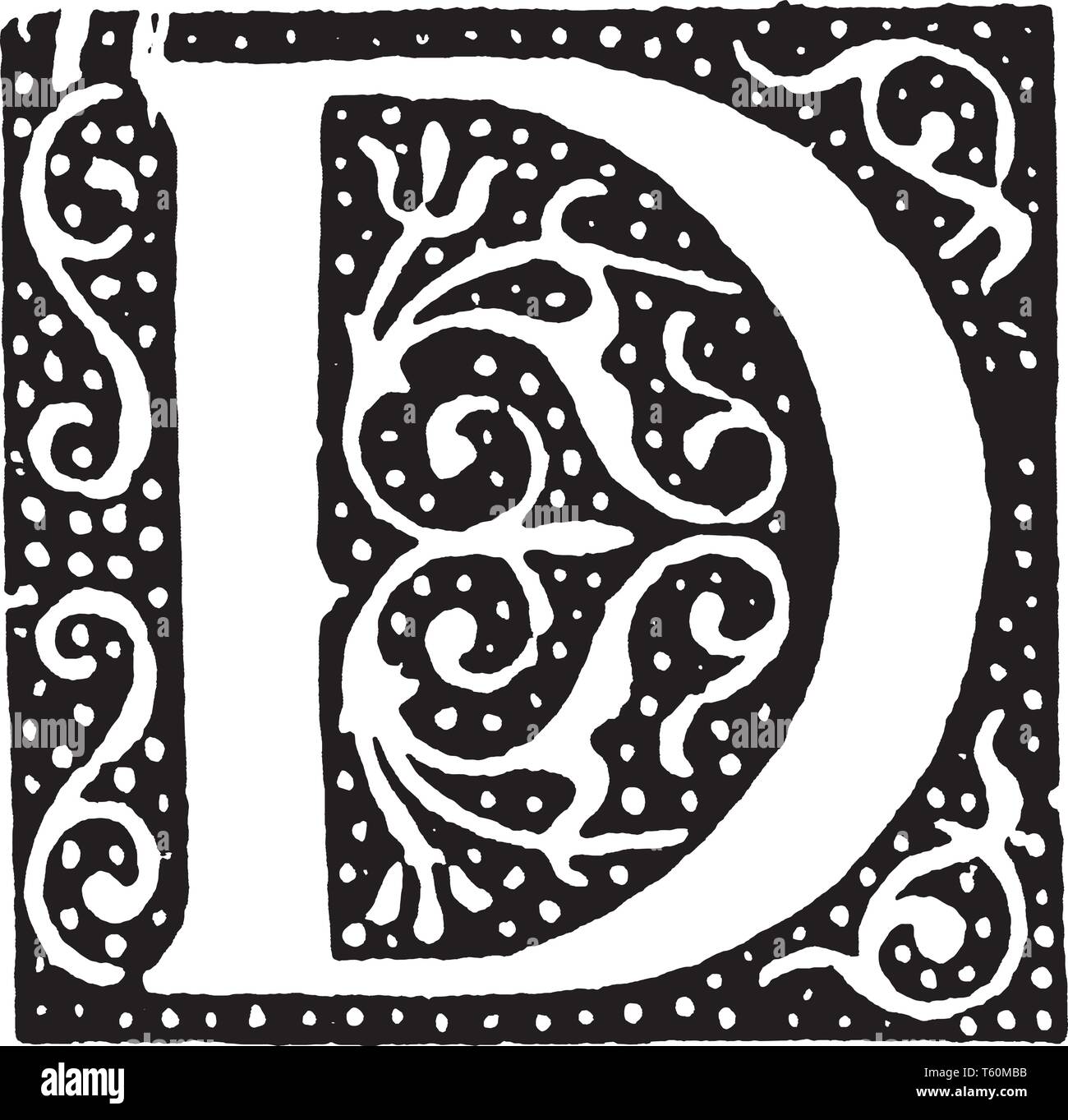 An ornamental capital letter D, vintage line drawing or engraving ...