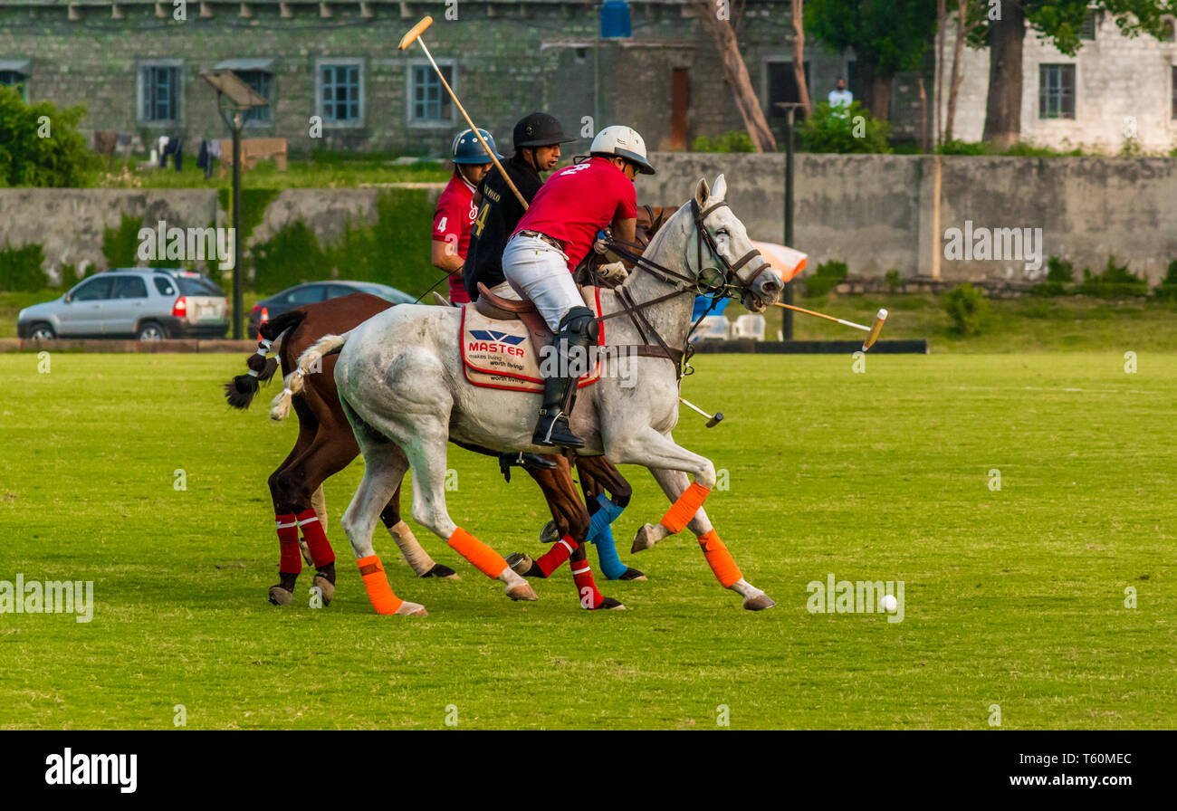 Players playing a polo match in a polo ground on a green field Stock ...