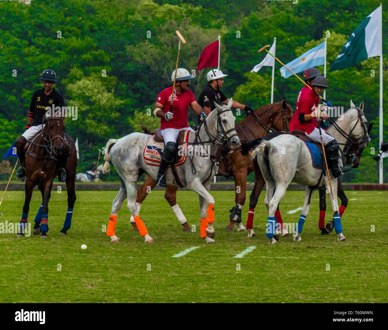 Players playing a polo match in a polo ground on a green field Stock ...