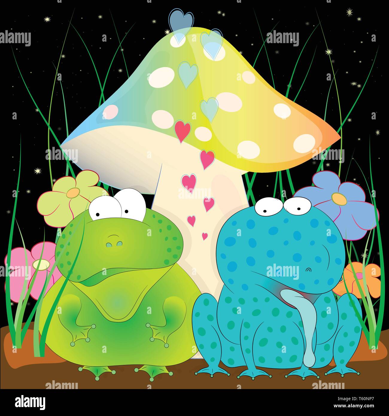 frog and toad under the mushroom. magic cartoon vector illustration ...