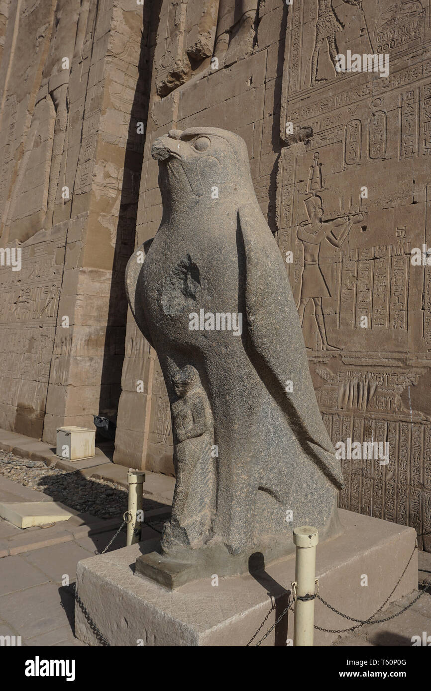 Edfu, Egypt: Statue of Horus at the temple of Edfu, the the largest ...