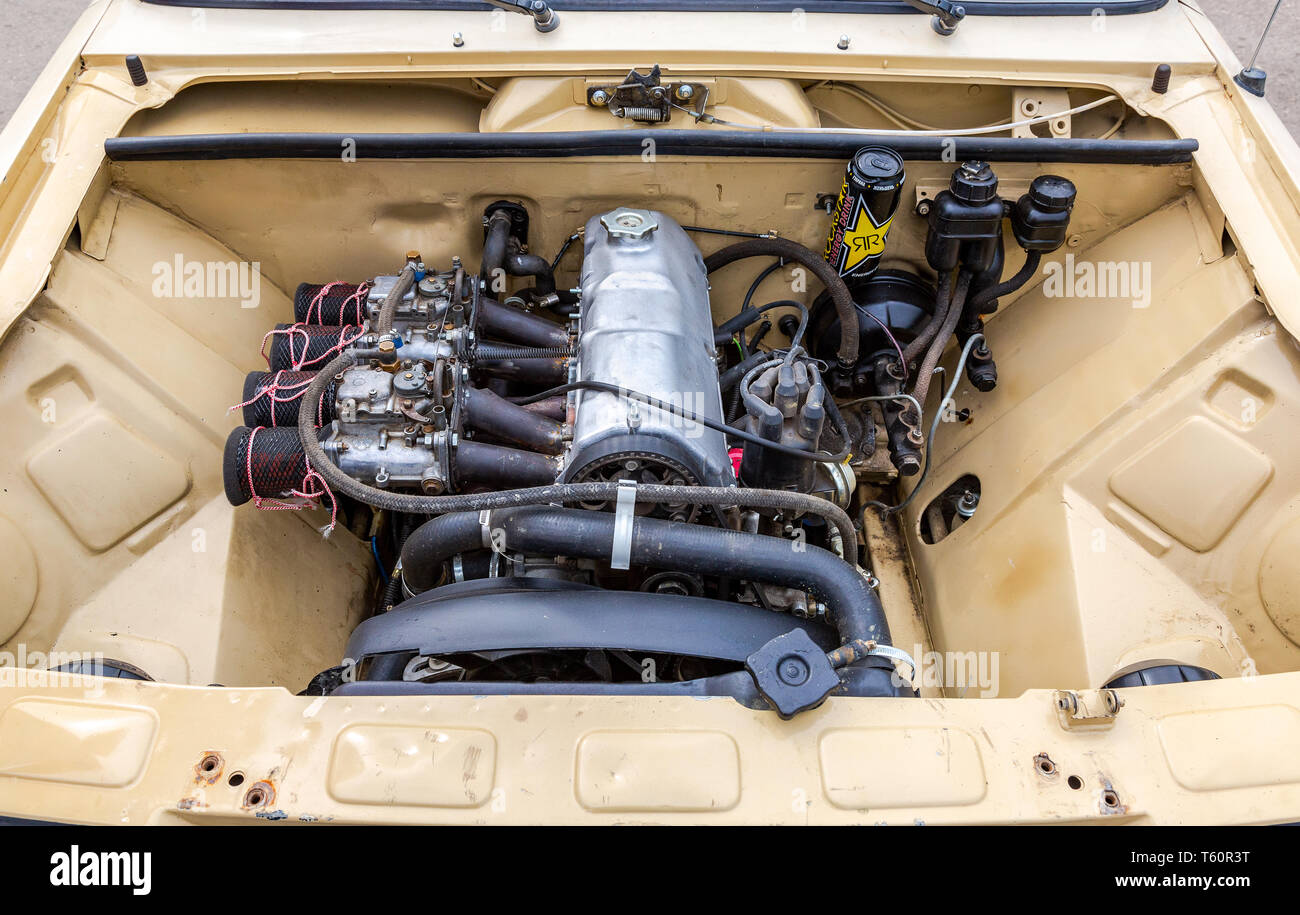 Samara, Russia - May 19, 2018: Tuned turbo car engine of Lada car ...
