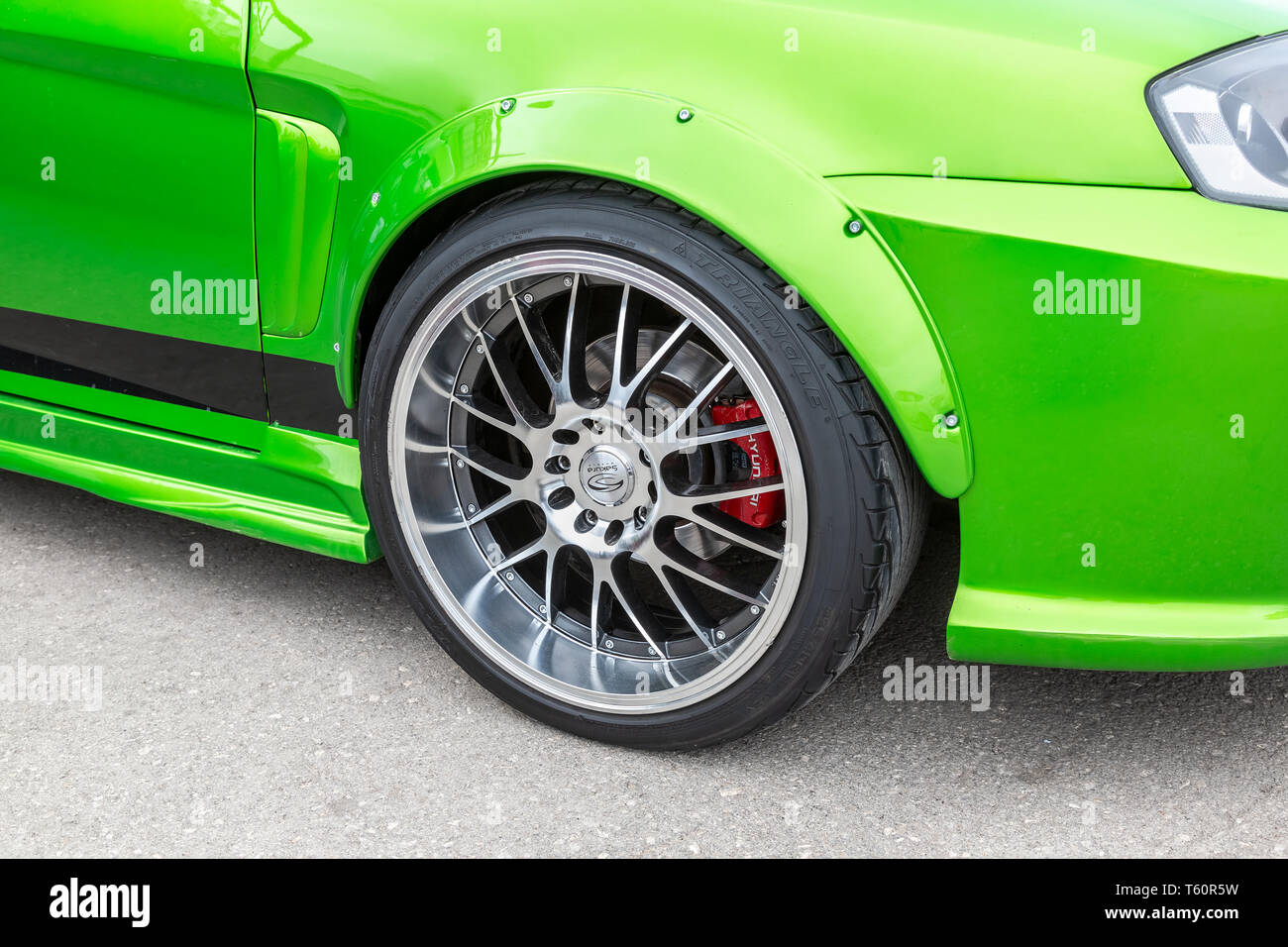 Samara, Russia - May 19, 2018: Modern automotive wheel on light alloy disc with low profile tire ...
