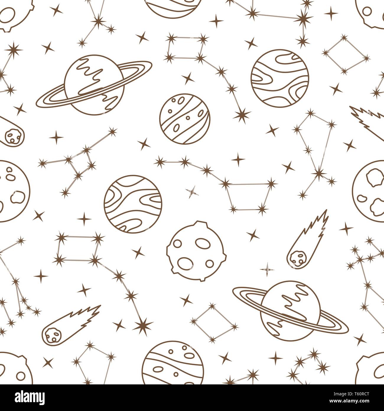 Seamless vector pattern with constellations, planets, Saturn, comet ...