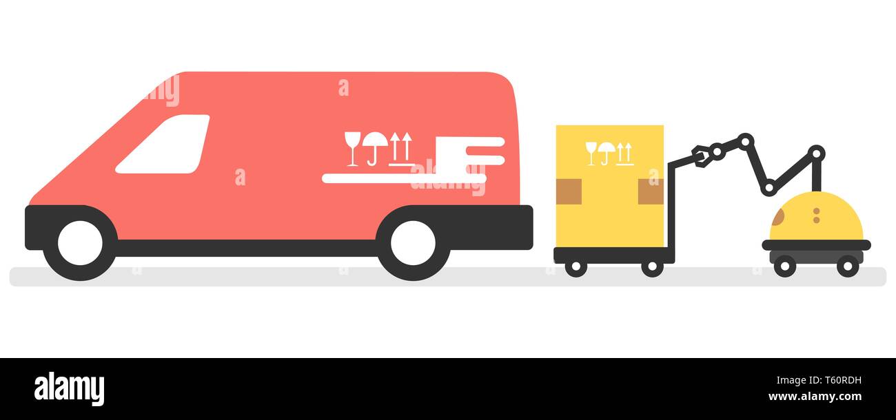 Vector illustration with robot loader loads boxes into a car ...