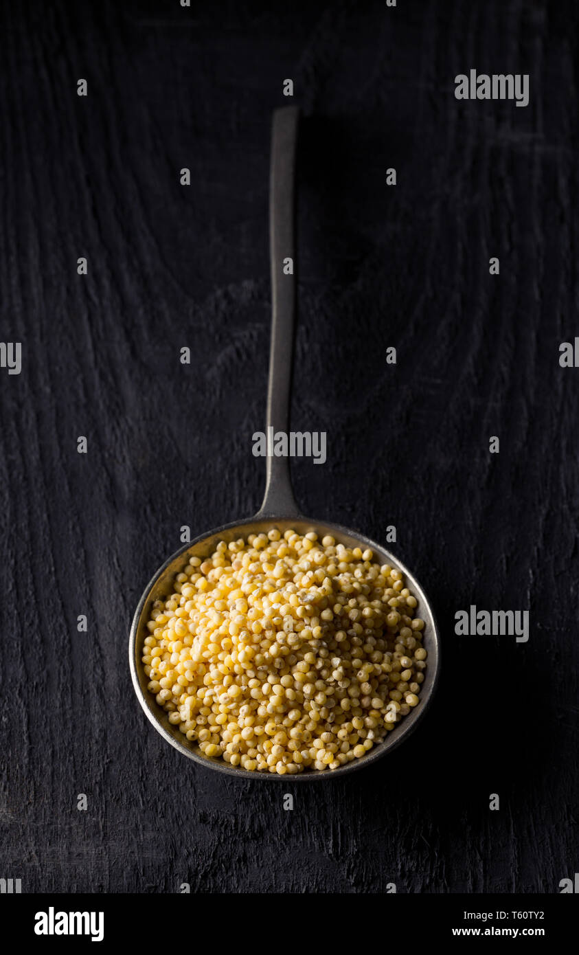 Pile of golden millet, a gluten free grain seed, in metal spoon on dark ...
