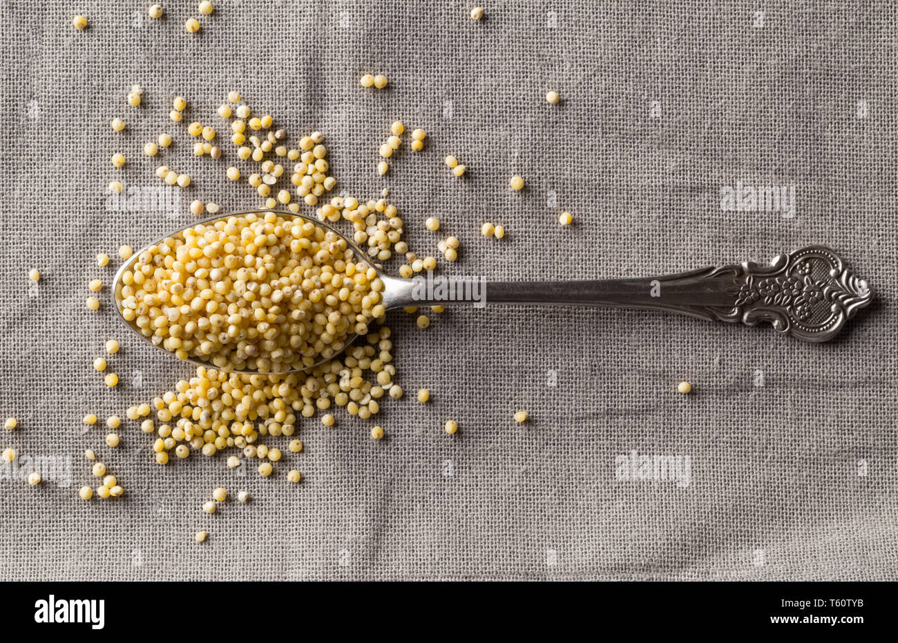 Pile of golden millet, a gluten free grain seed, in metal spoon on grey ...