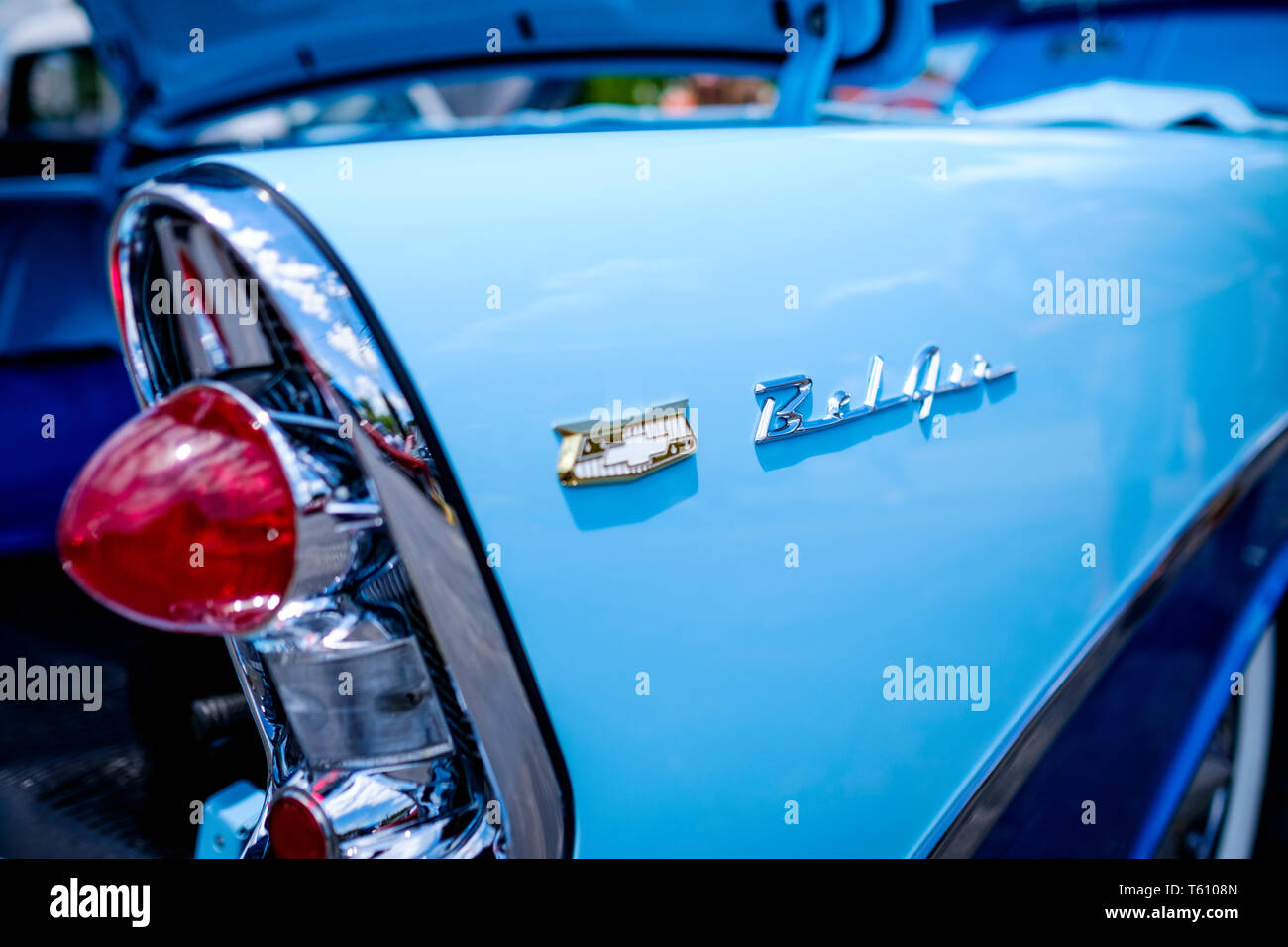 Vintage american classic Chevrolet Bel Air logo on the side of the car ...