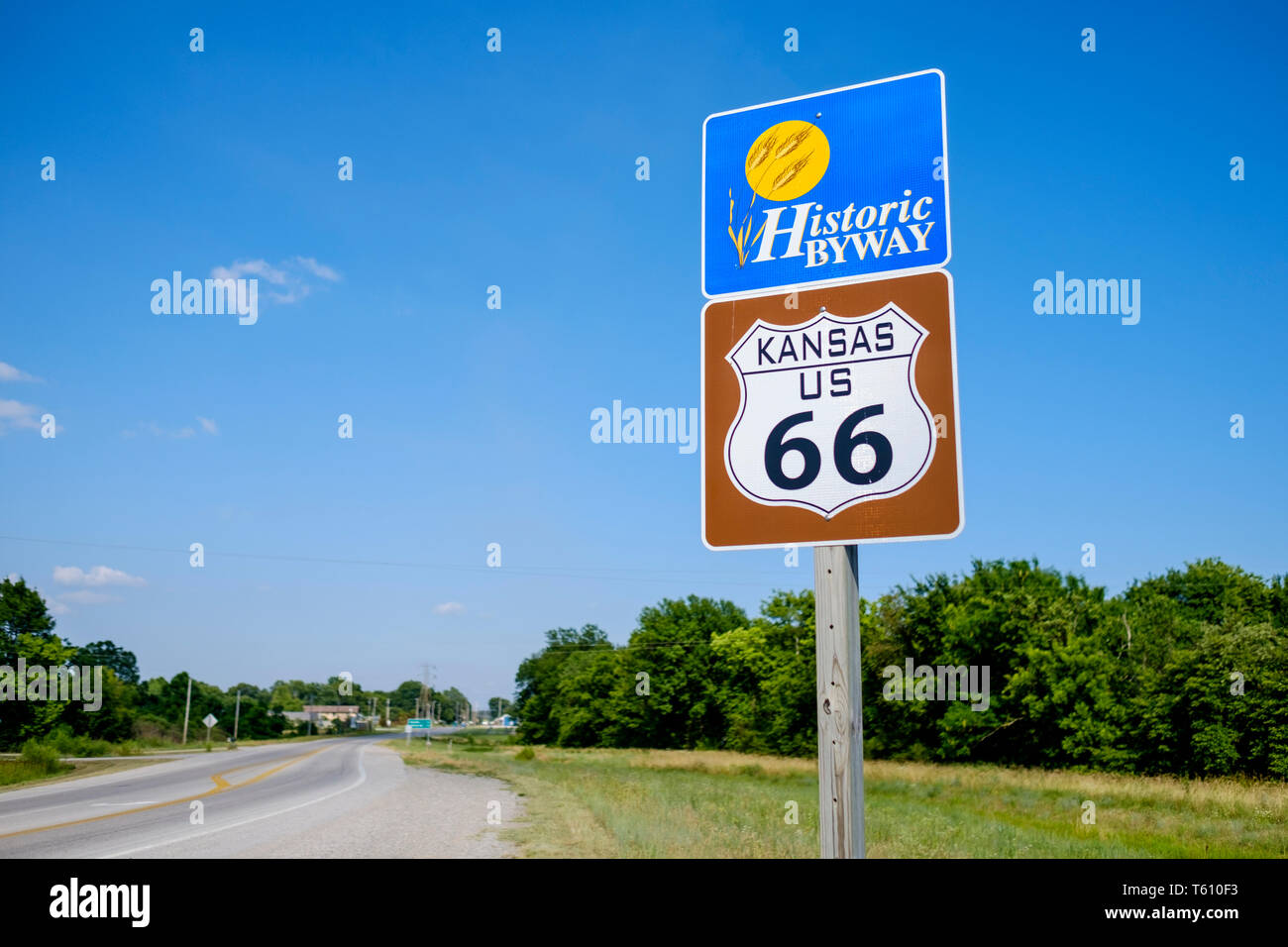 Historic U.S. Route 66 official traffic sign in Kansas, USA Stock Photo ...