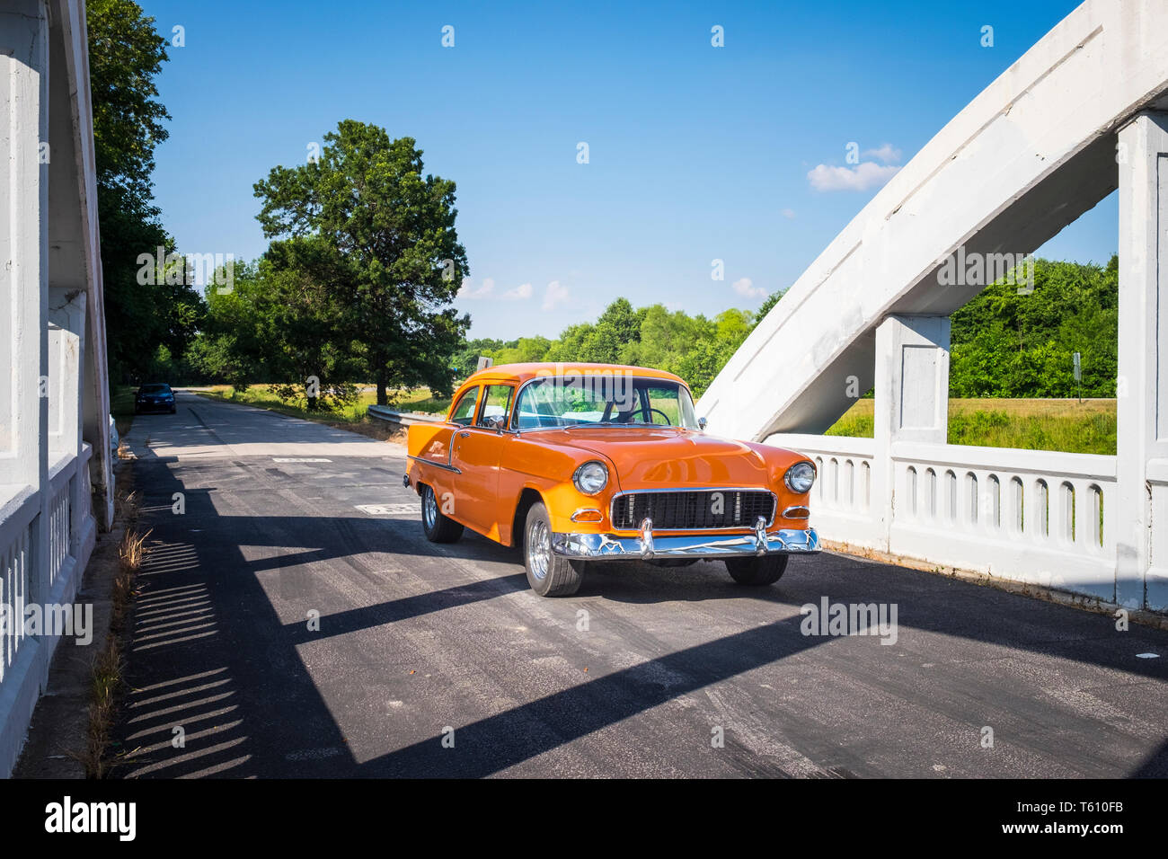 Classic 1955 American Chevrolet car on U.S. Route 66 over Rainbow Curve ...