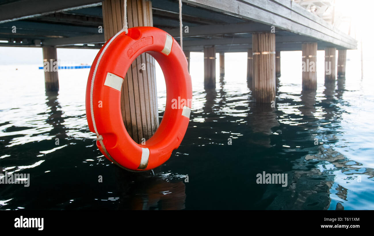 Plastic life saving ring for saving people drowning in water Stock ...