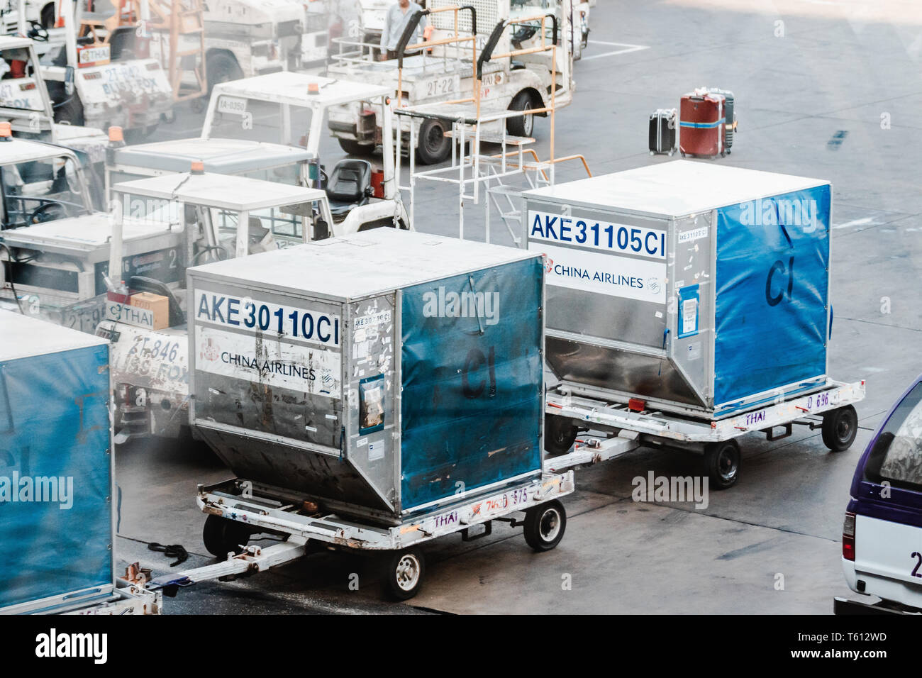 Cargo and mail loaded into a container box waiting to be loaded into an ...
