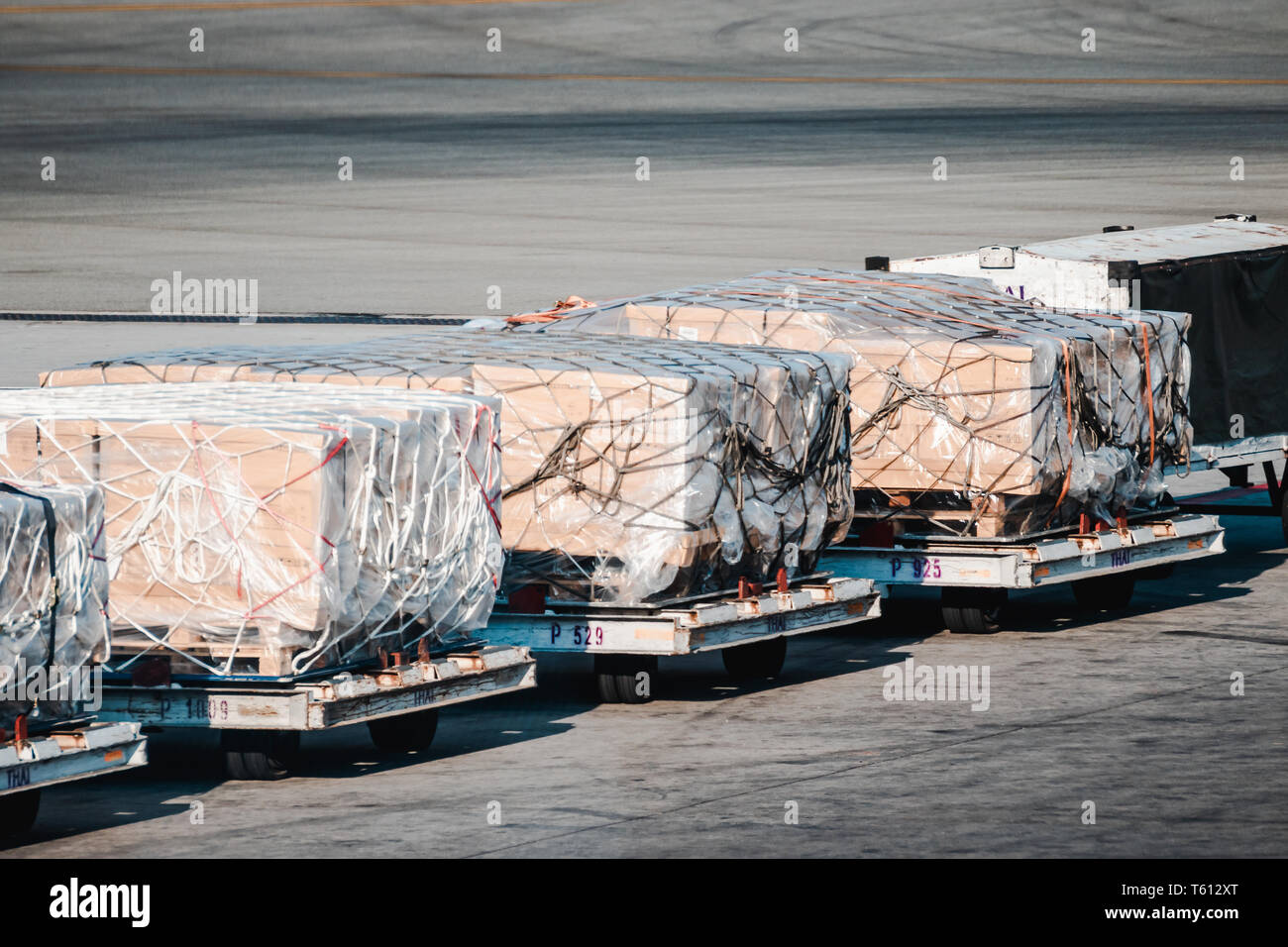 Cargo and mail loaded into a container box waiting to be loaded into an ...