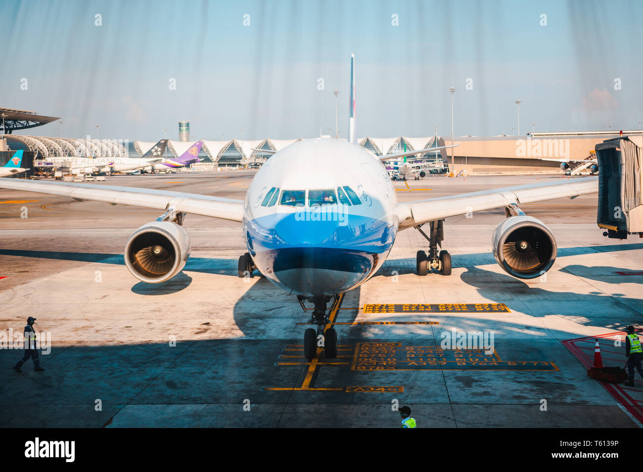 China Airlines Airbus A330 taxi into airport apron with asian ground ...