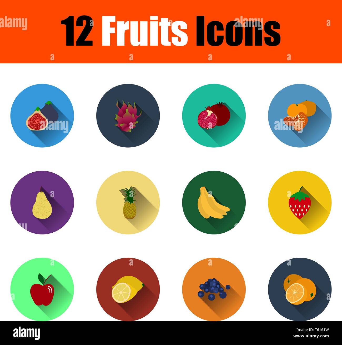 Set Of Fruits Icons. Full Color Flat Design With Long Shadow. Vector ...