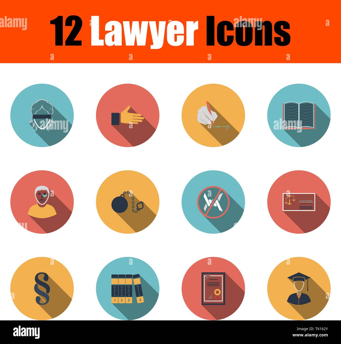 Lawyer Icon Set. Flat Design With Long Shadow. Vector illustration ...