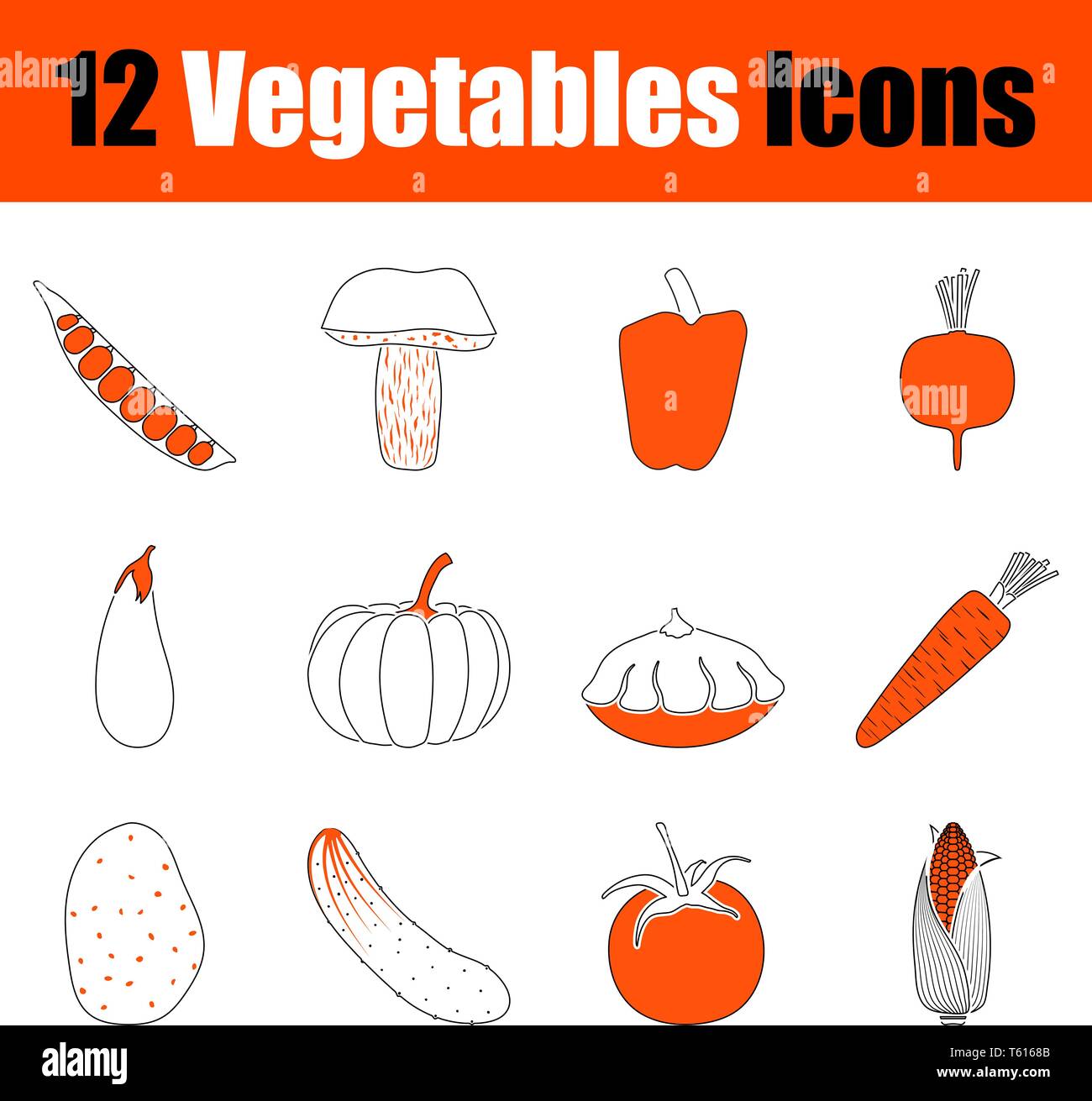 Set of 12 icons on Vegetables theme. Thin Line With Orange Design ...