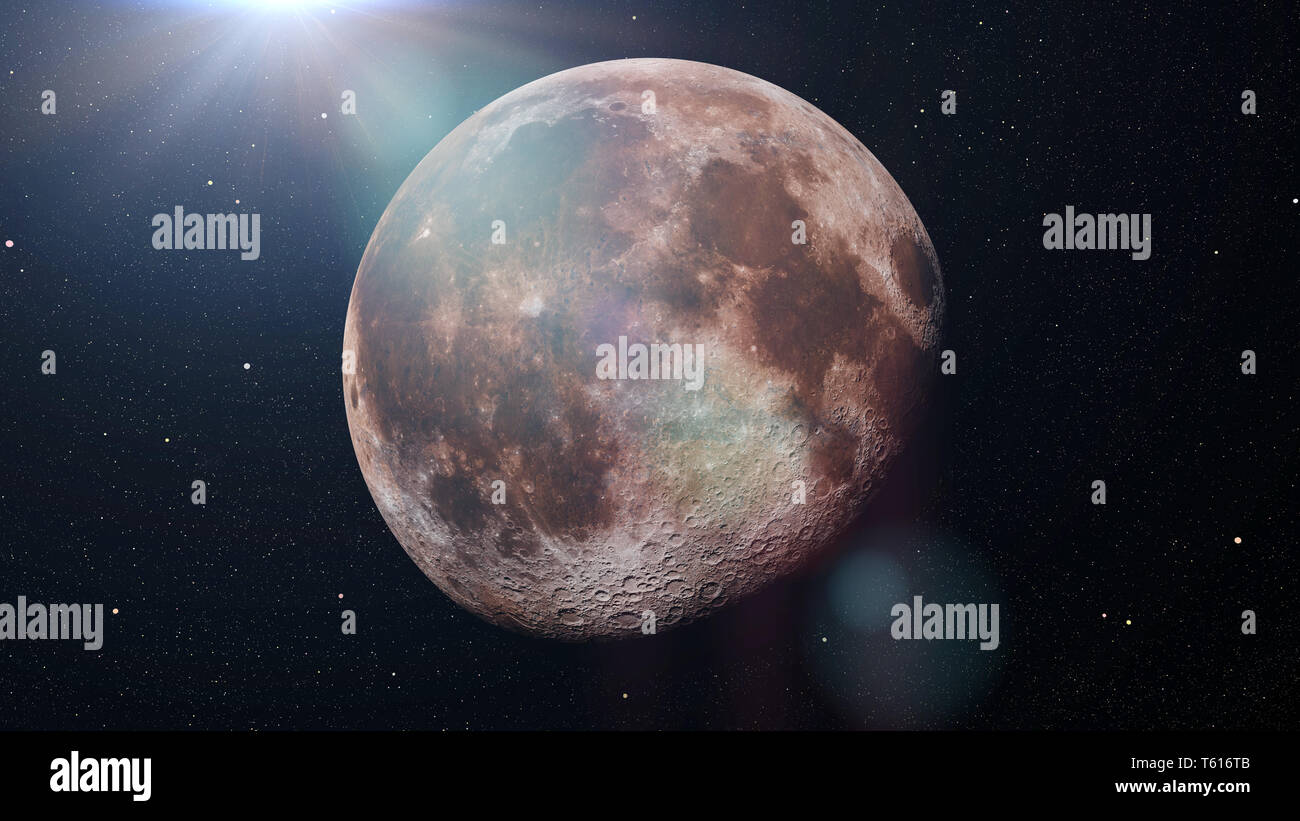 the Moon lit by the Sun, object in the Solar System (3d space rendering ...