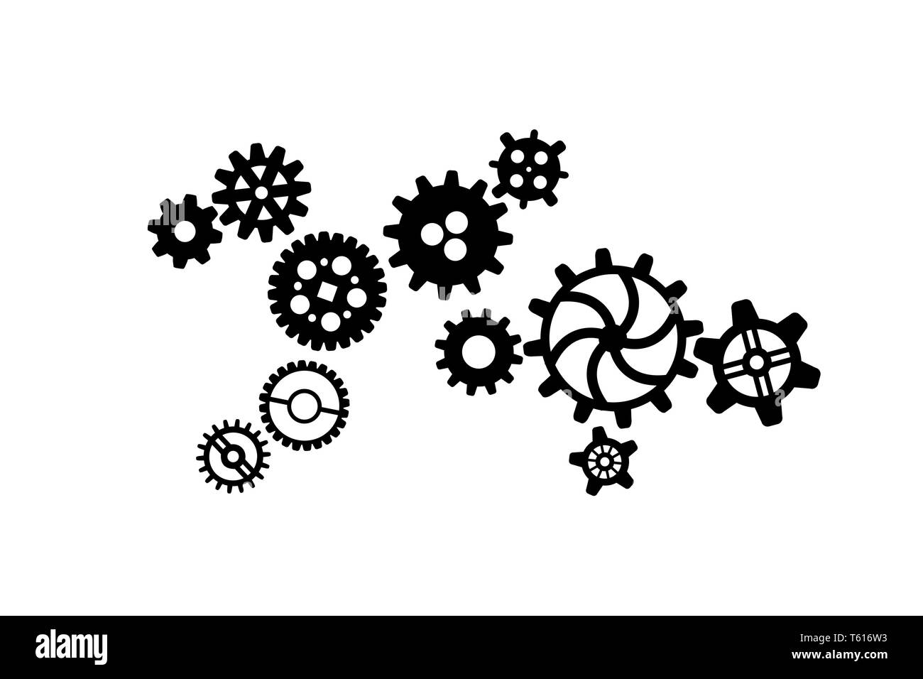 A lot of black different silhouettes of cogwheels, steampunk mechanism ...