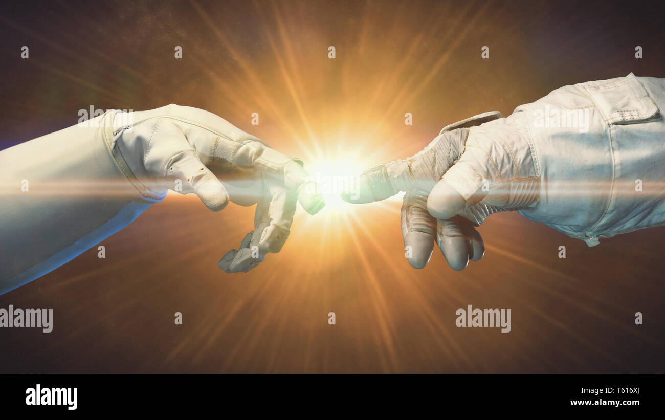 astronaut hands with golden light, spacesuit gloves (3d space concept ...