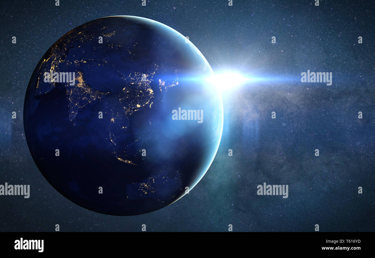 planet Earth, sunrise over Asia (3d render, elements of this image are ...