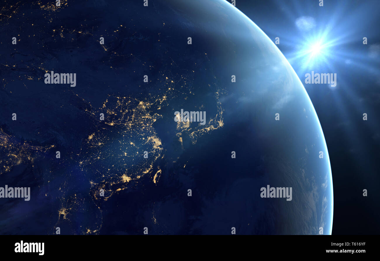 planet Earth, sunrise over Asia (3d illustration, elements of this ...