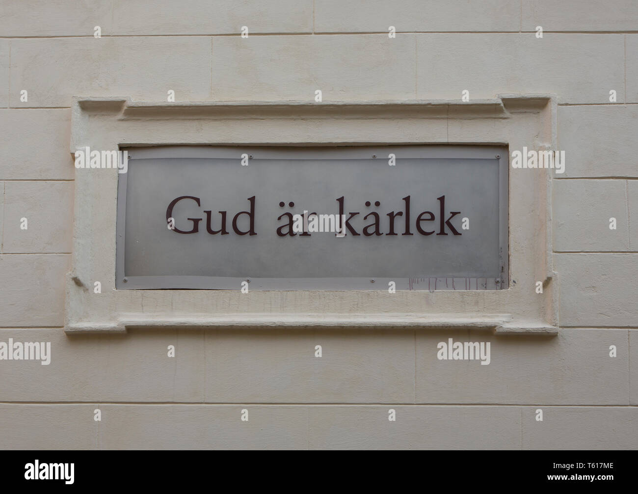 Message on the wall of the Andrea Church, Stockholm, Sweden Stock Photo ...