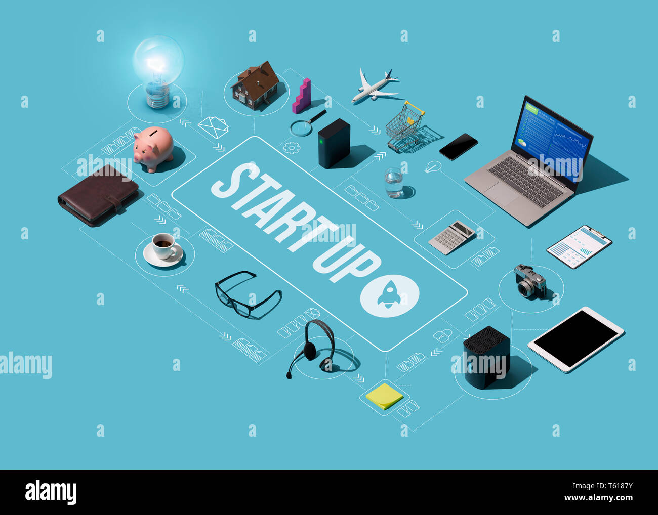 Business start up launch infographic with office items, connected ...