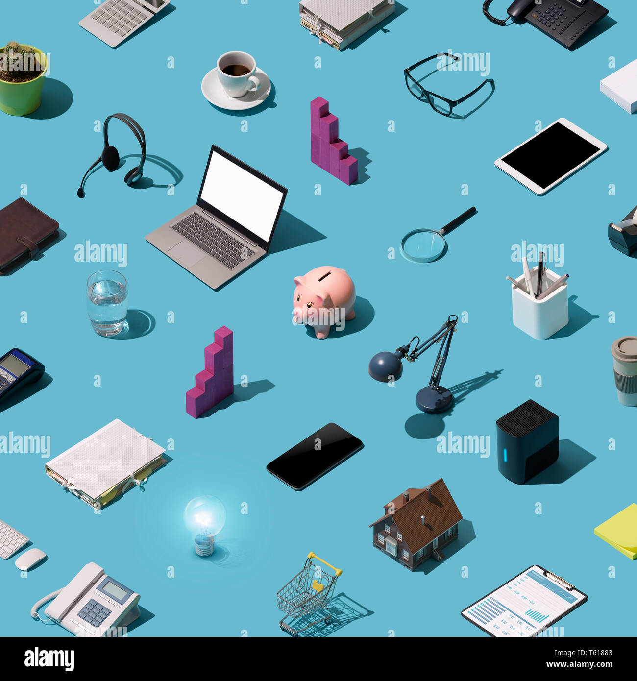 Collection of office objects, electronic devices and tools, business ...