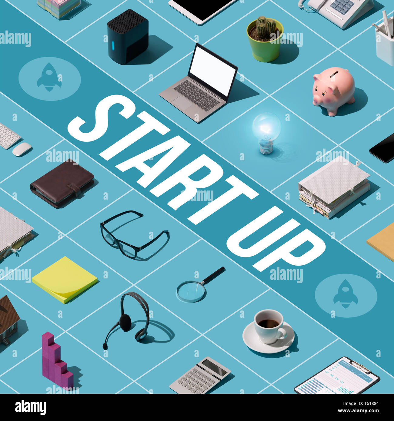 Business start up launch background with office items, connected ...