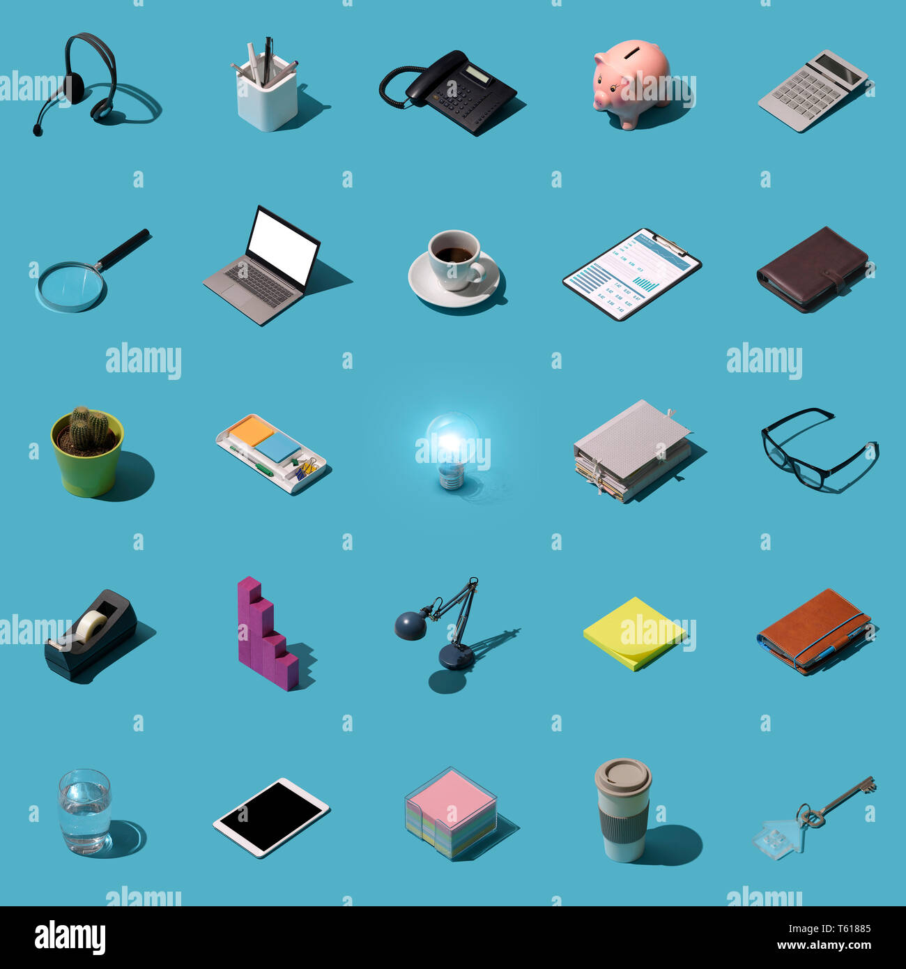 Collection of office objects, electronic devices and tools, business ...