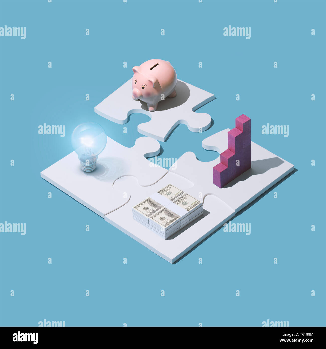 Financial planning strategies and solutions: puzzle pieces with piggy ...
