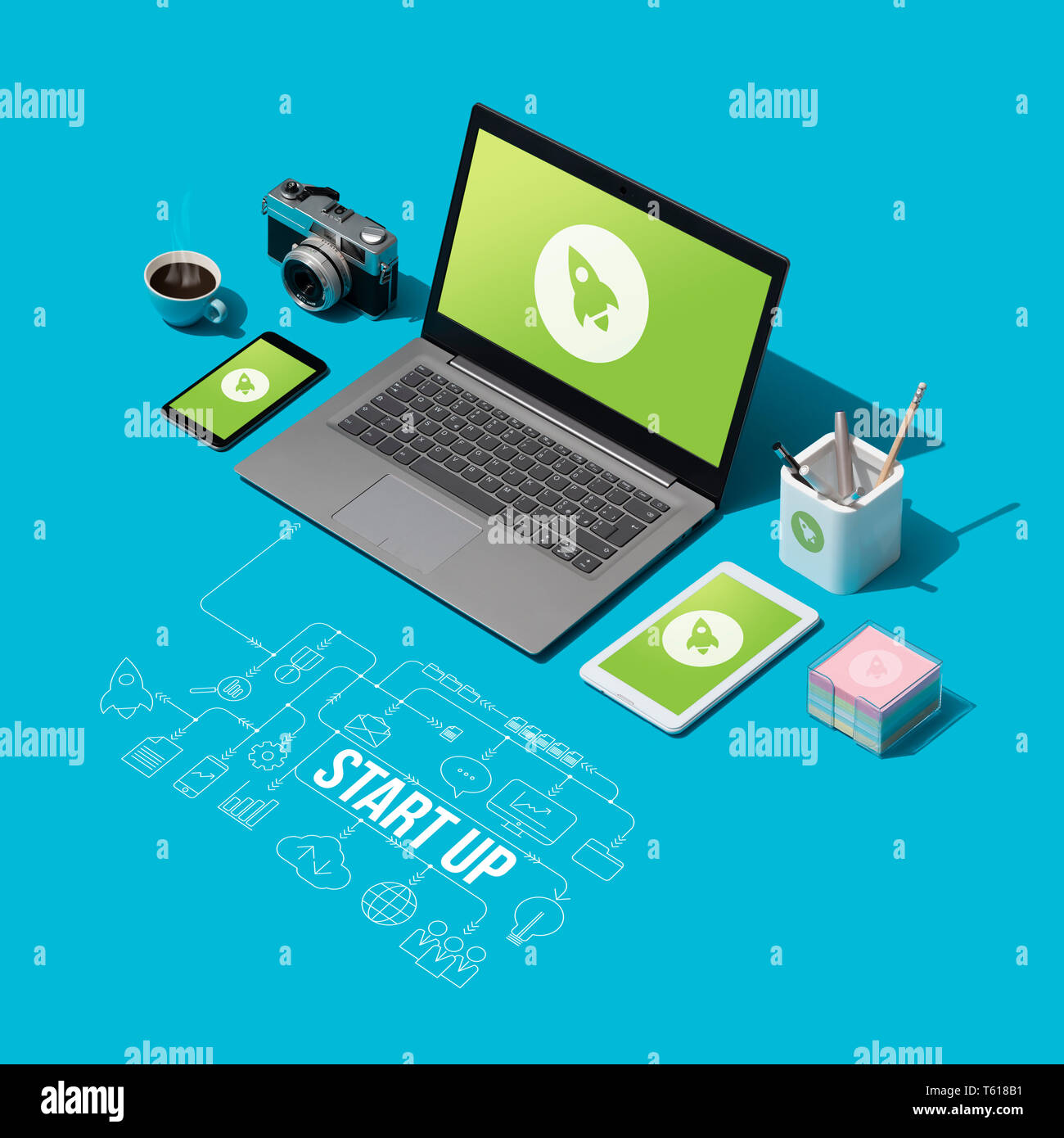 Start up brand launch on laptop and mobile devices: corporate identity ...
