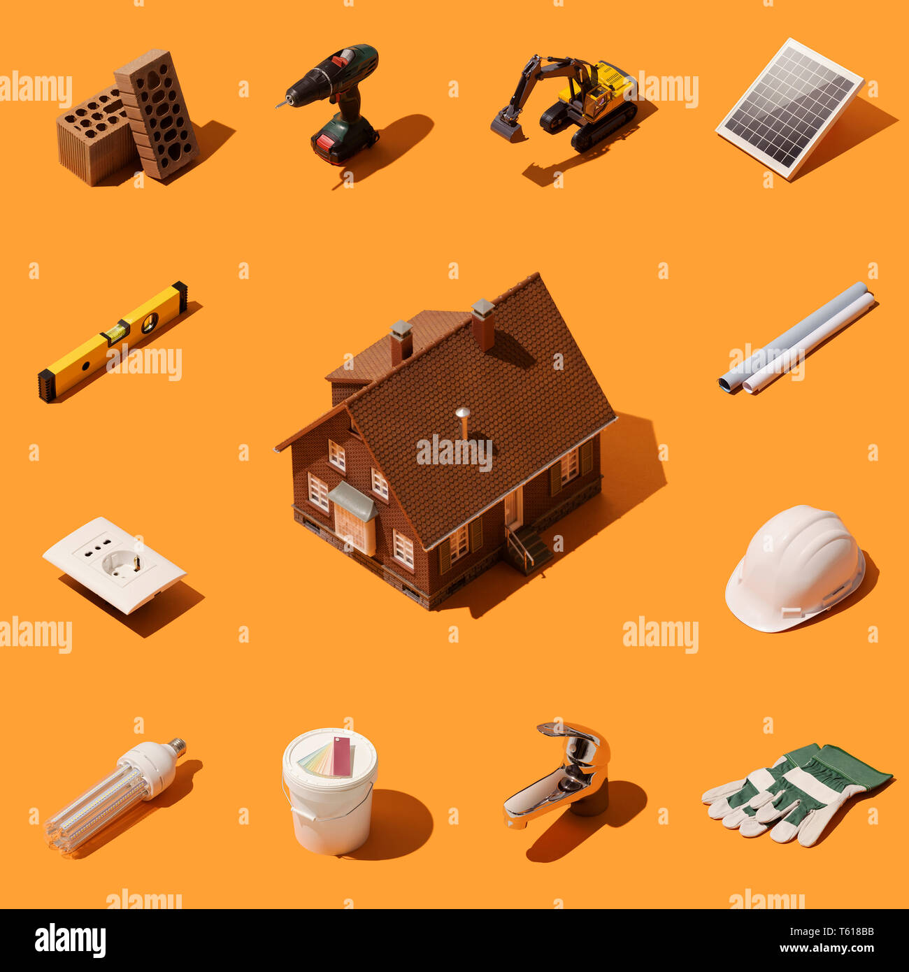 Home construction and renovation: model house, isometric tools and ...