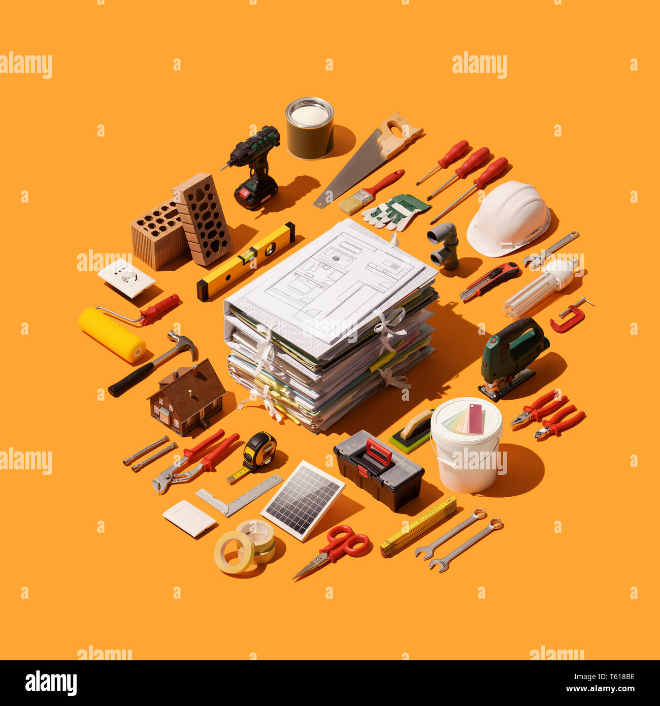 Home renovation, remodeling and DIY: pile of paperwork and house ...