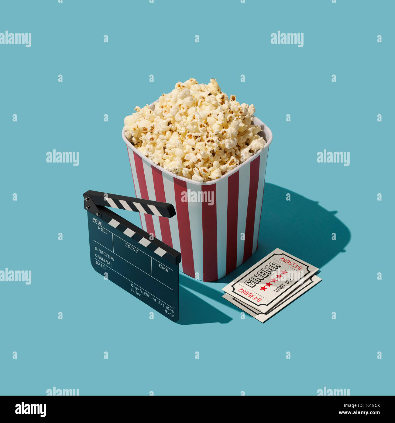 Cinema and entertainment: popcorn, clapperboard and movie theater ...