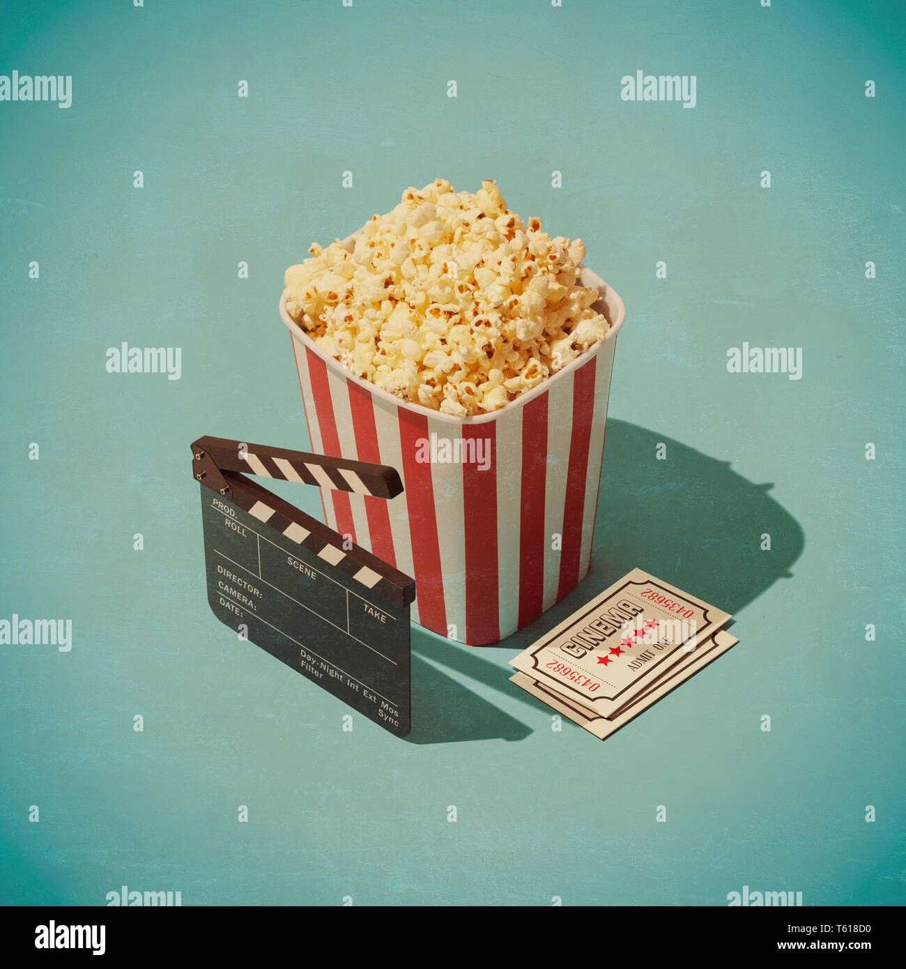 Cinema and entertainment: popcorn, clapperboard and movie theater ...