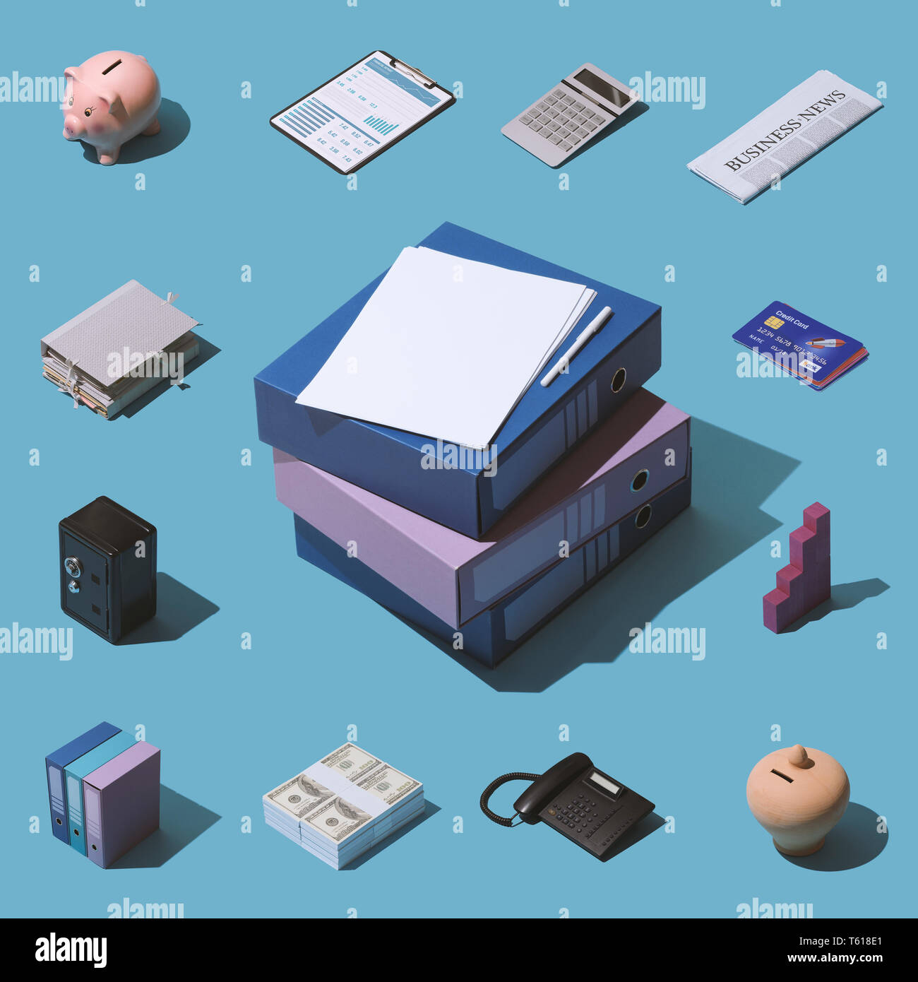 Isometric business, banking and finance items collage and pile of ...