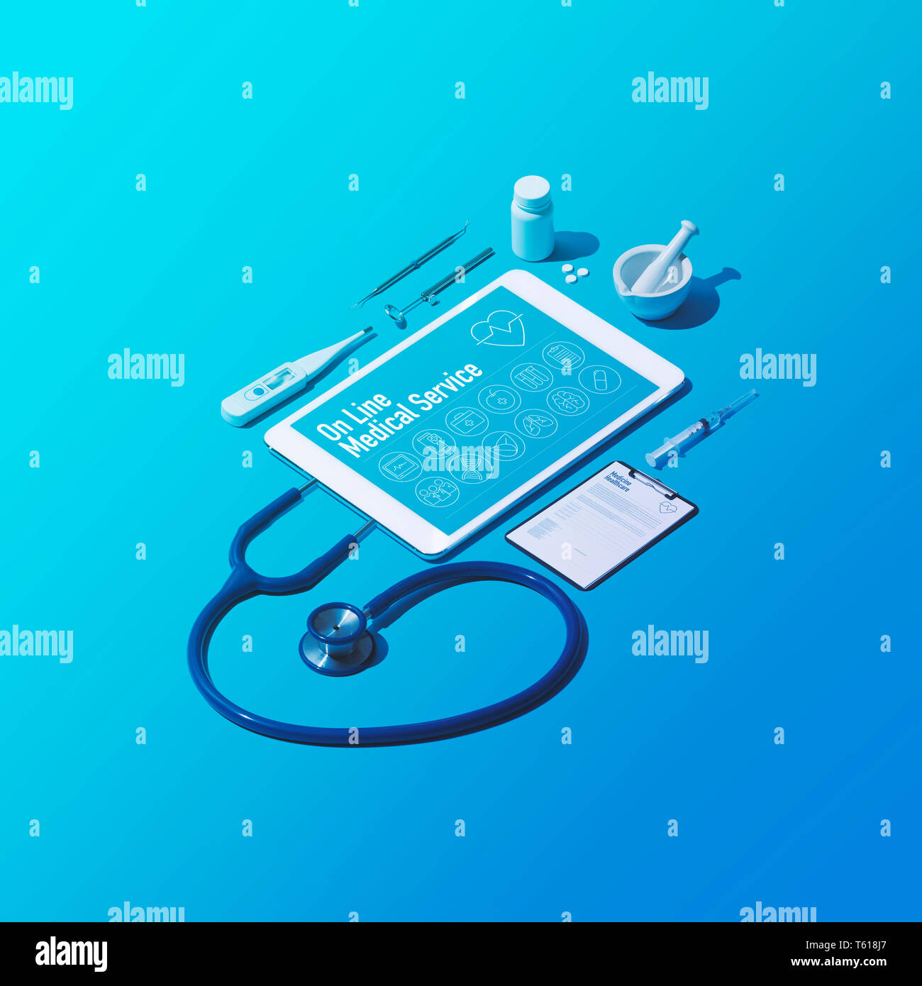 Online healthcare service and telemedicine: stethoscope connected to a ...