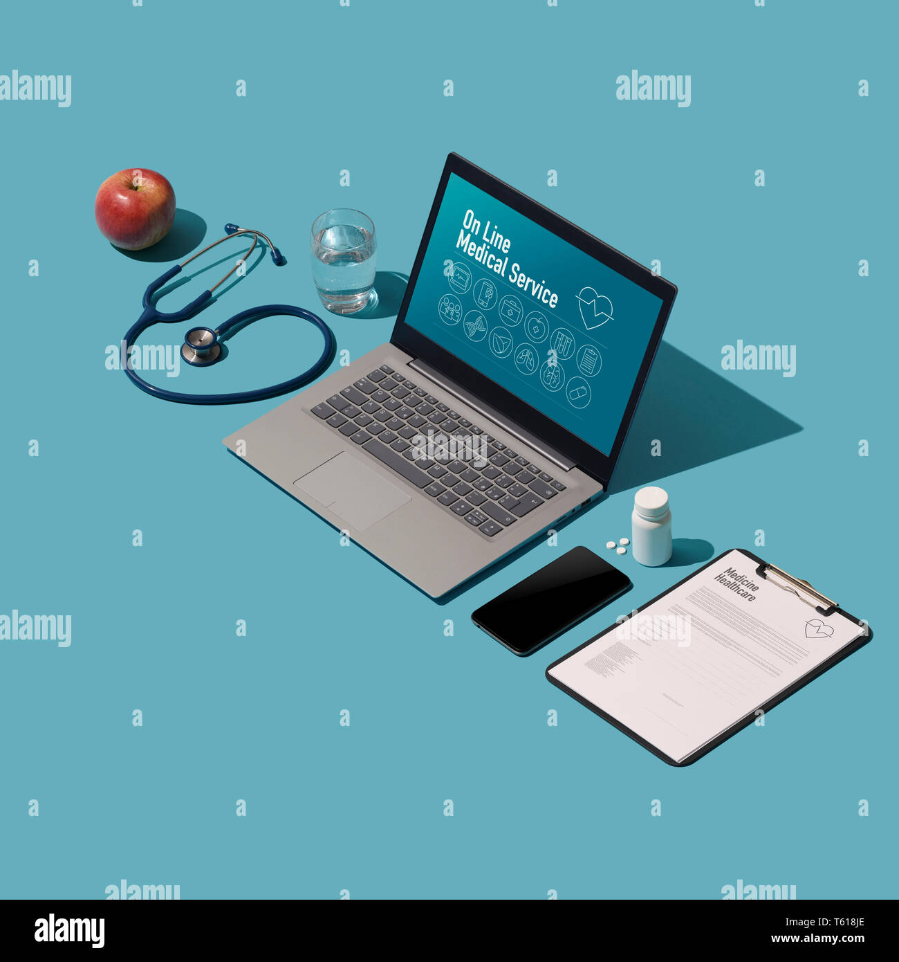 Isometric healthcare desktop with connected laptop and medical ...