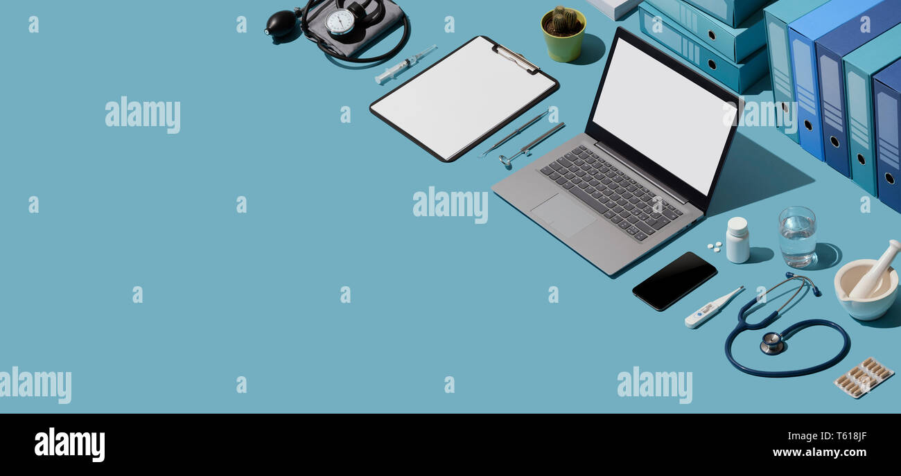 Doctor desktop with medical equipment, medicines and laptop; isometric ...
