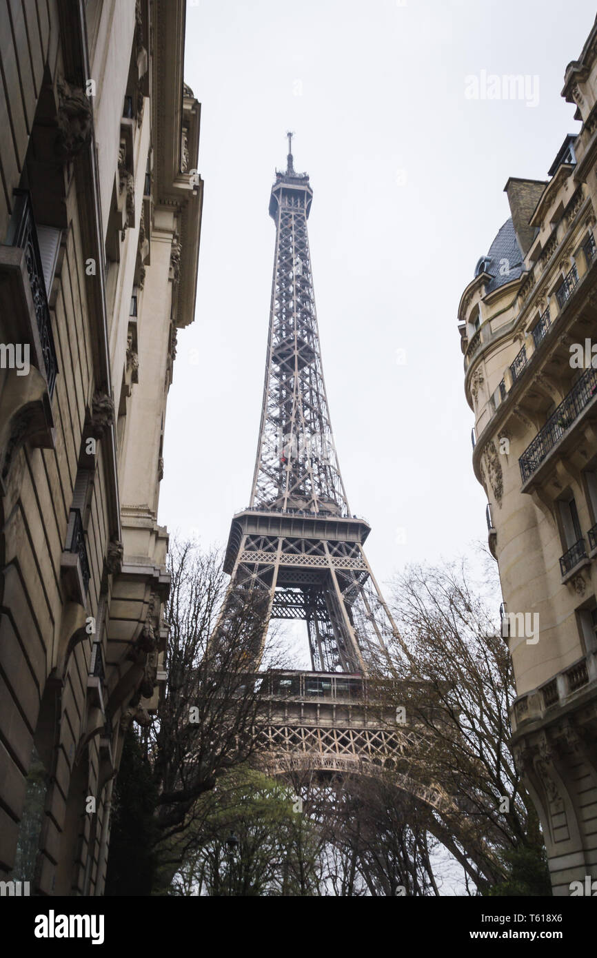 The Eiffel Tower behind the architectural buildings of Paris in France ...