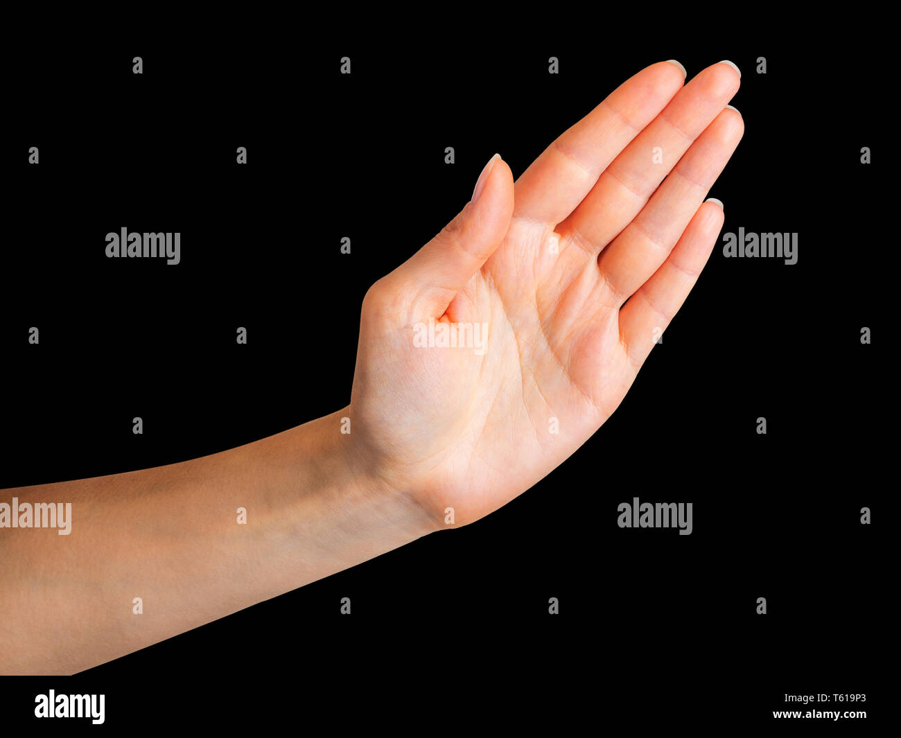 Woman showing open hand taking something or shaking on black background ...