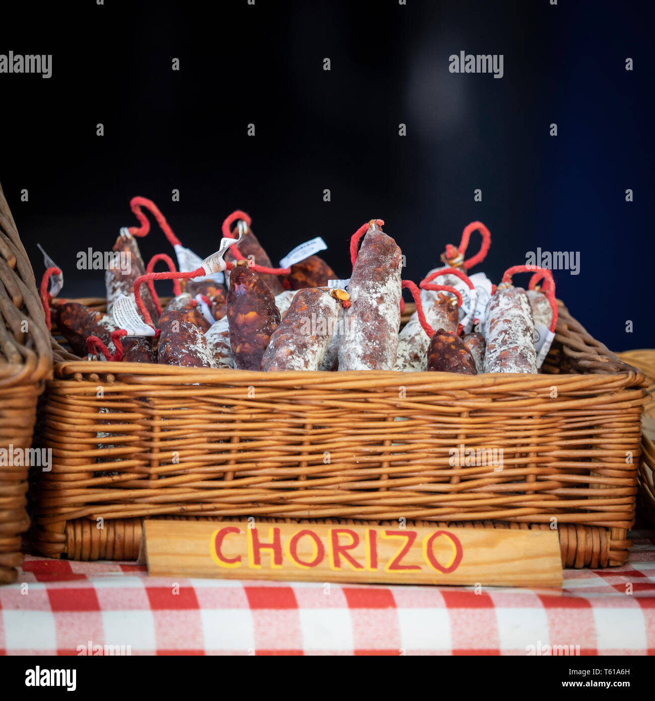 LONDON, UK - JUNE 23, 2018: Chorizo for sale at Food Market with sign ...