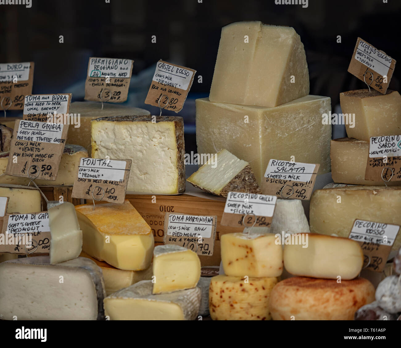 Cheese for sale at a UK Farmers Market Stall with price labels Stock ...