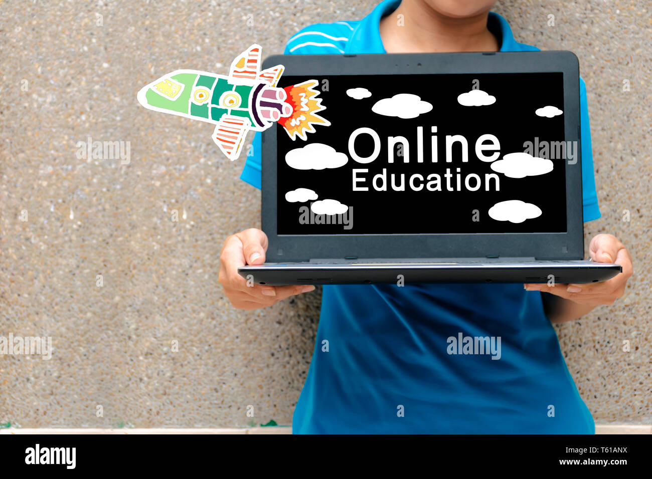 Online Education Concept. The woman is holding her laptop. Rockets that ...