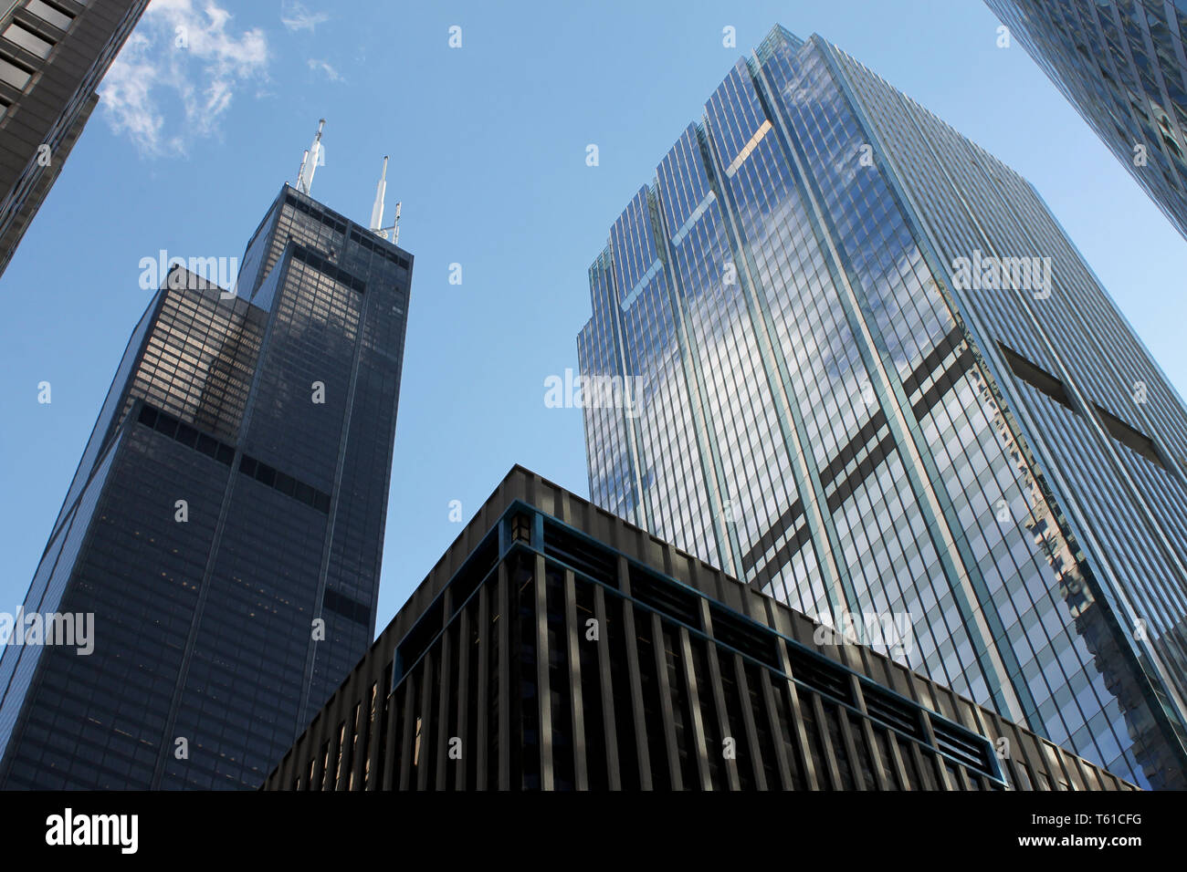 Looking into the sky at several skyscrapers in the Loop, downtown ...