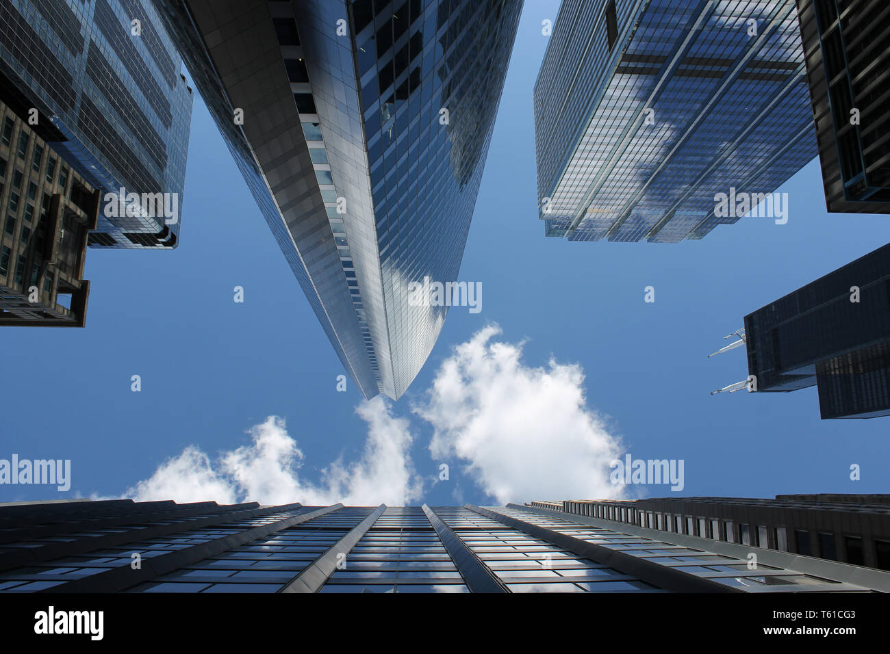 Looking into the sky at several skyscrapers in the Loop, downtown ...