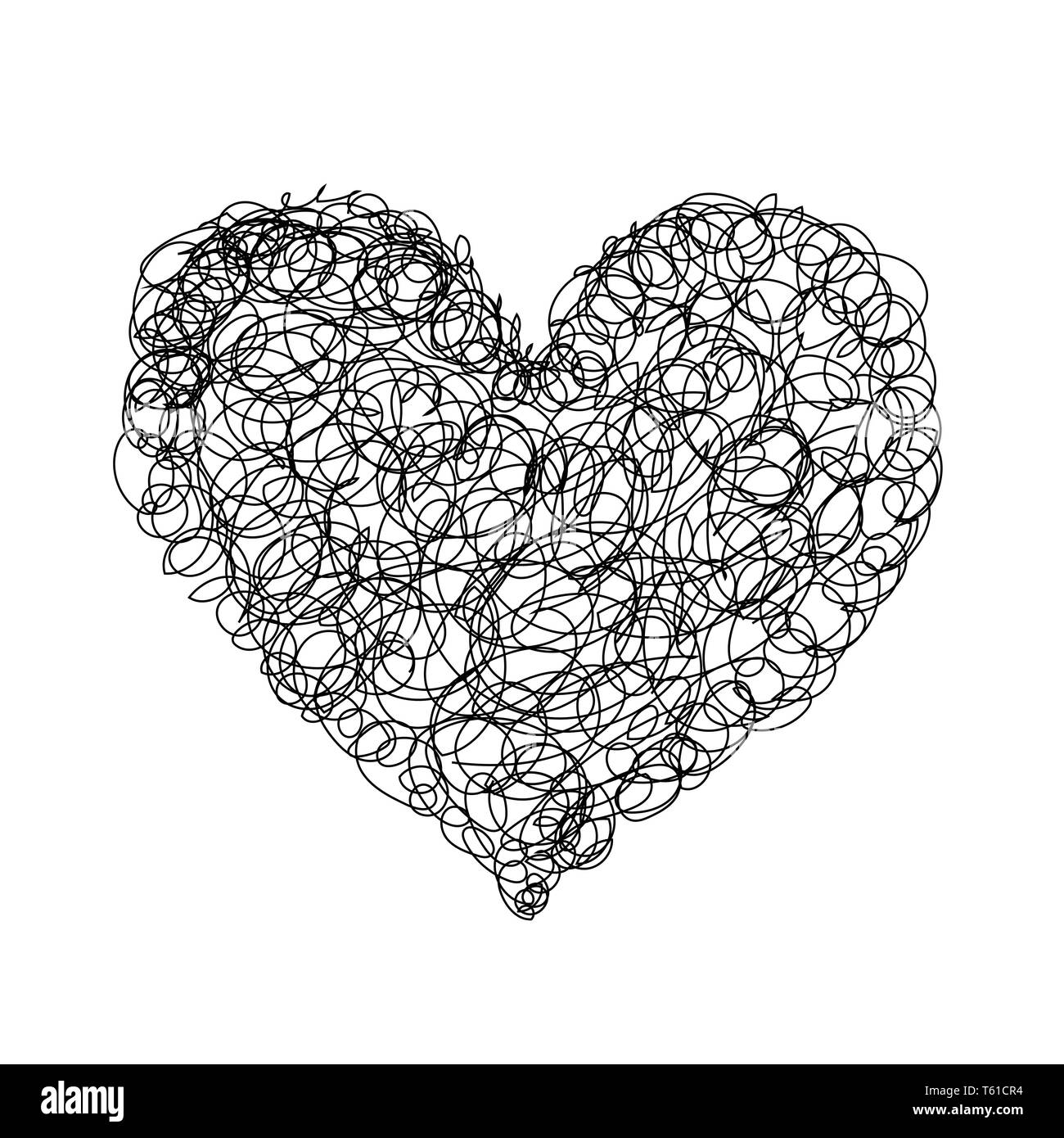 Black messy hatching in heart shape, freehand doodling on white Stock ...