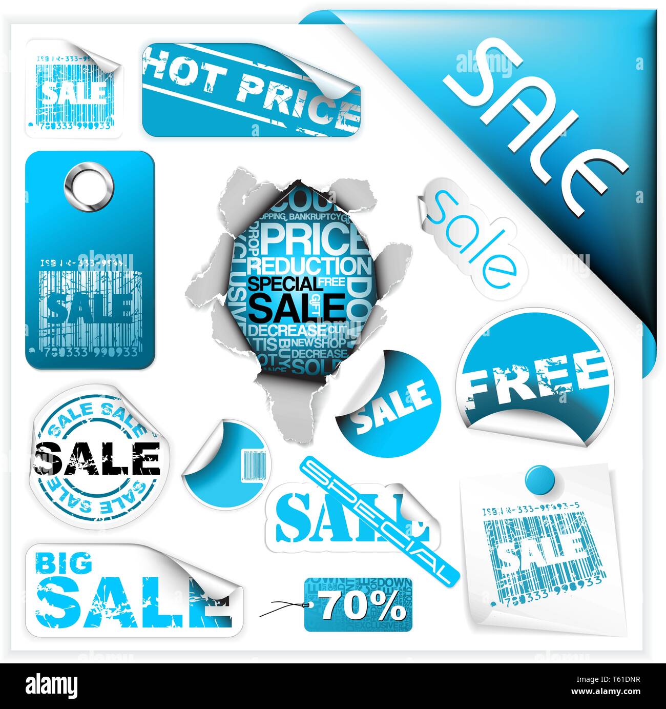 Set of blue sale tickets, labels, stamps, stickers, corners, tags Stock ...